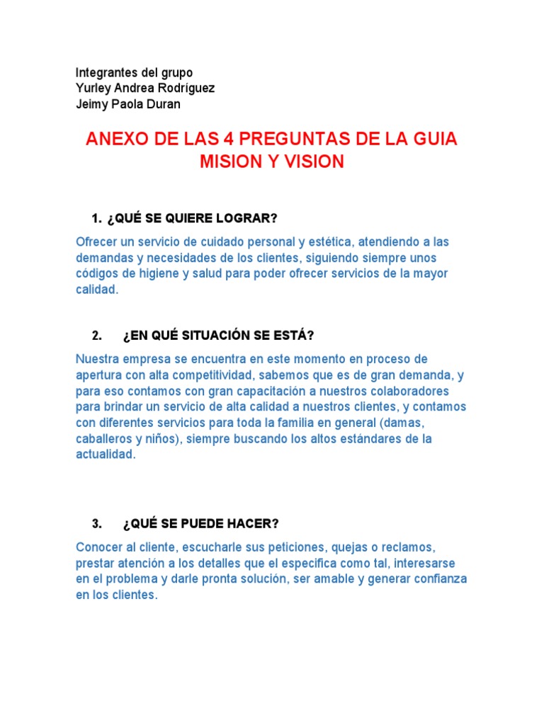 Anexo de Las 4 Preguntas de La Guia Mision y Vision | PDF