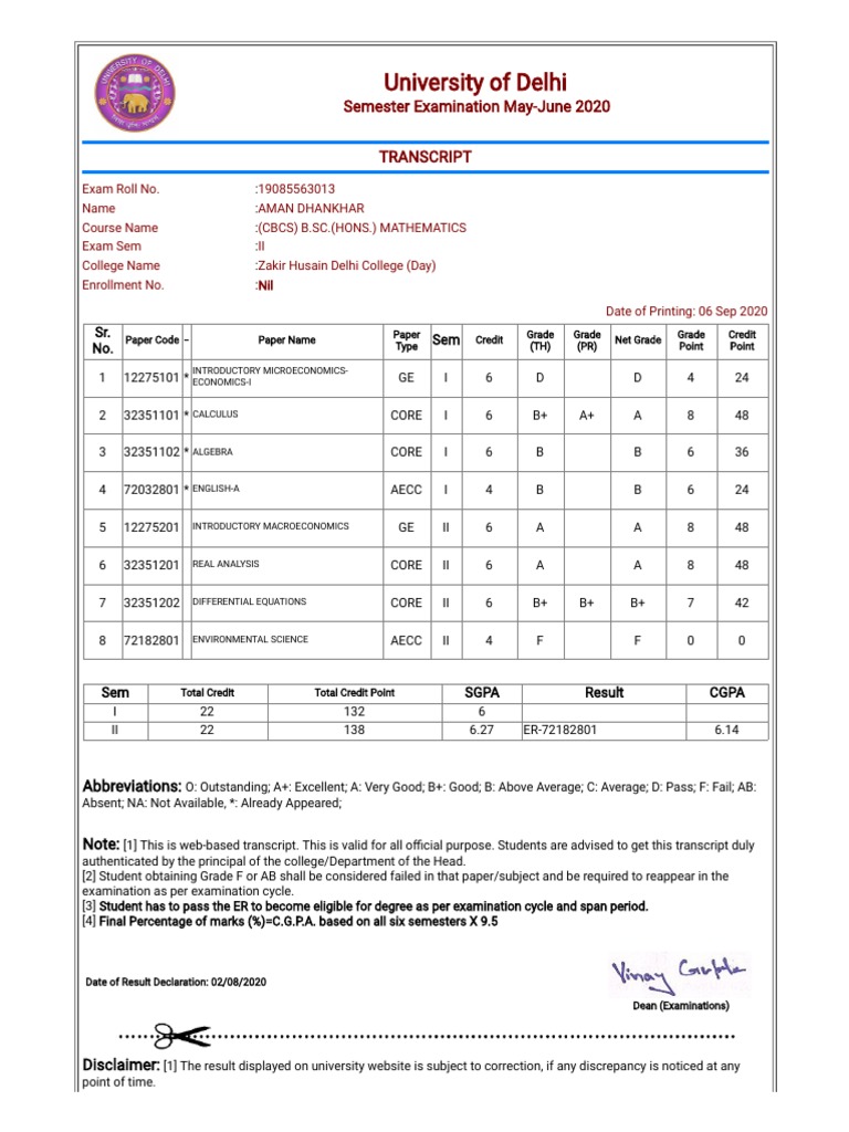 University of Delhi: Semester Examination May-June 2020 Transcript ...