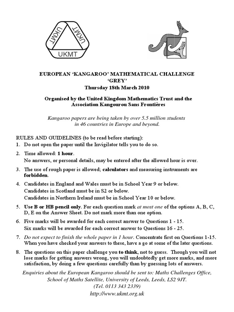 UKMT - Grey Kangaroo - Intermediate Mathematical Challenge 2010 ...