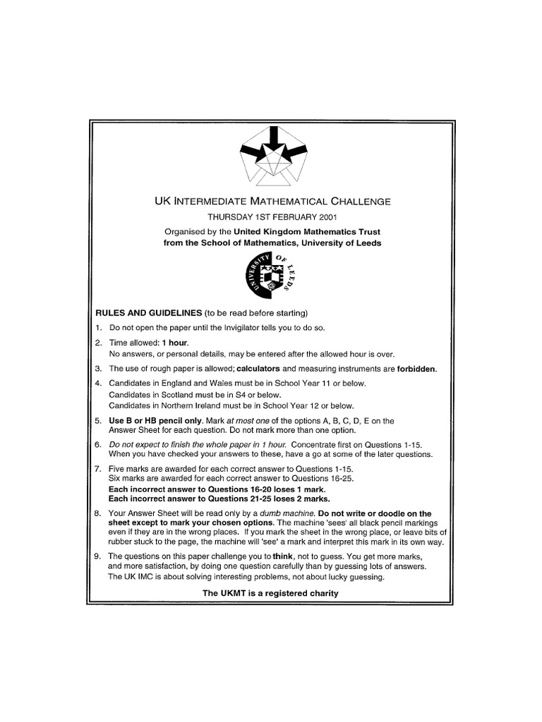 UKMT - IMC - Intermediate Mathematical Challenge 2001 - Questions | PDF