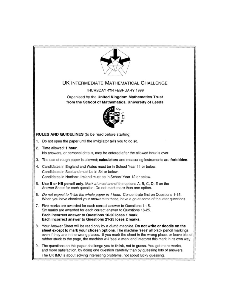 UKMT - IMC - Intermediate Mathematical Challenge 1999 - Questions | PDF