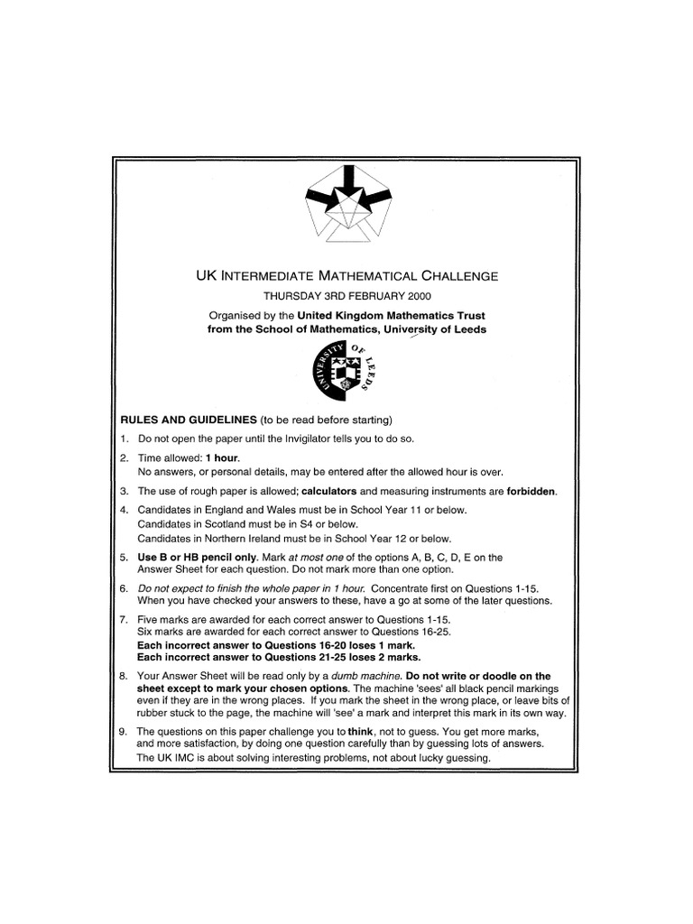 Ukmt Imc Intermediate Mathematical Challenge 2000 Questions Pdf