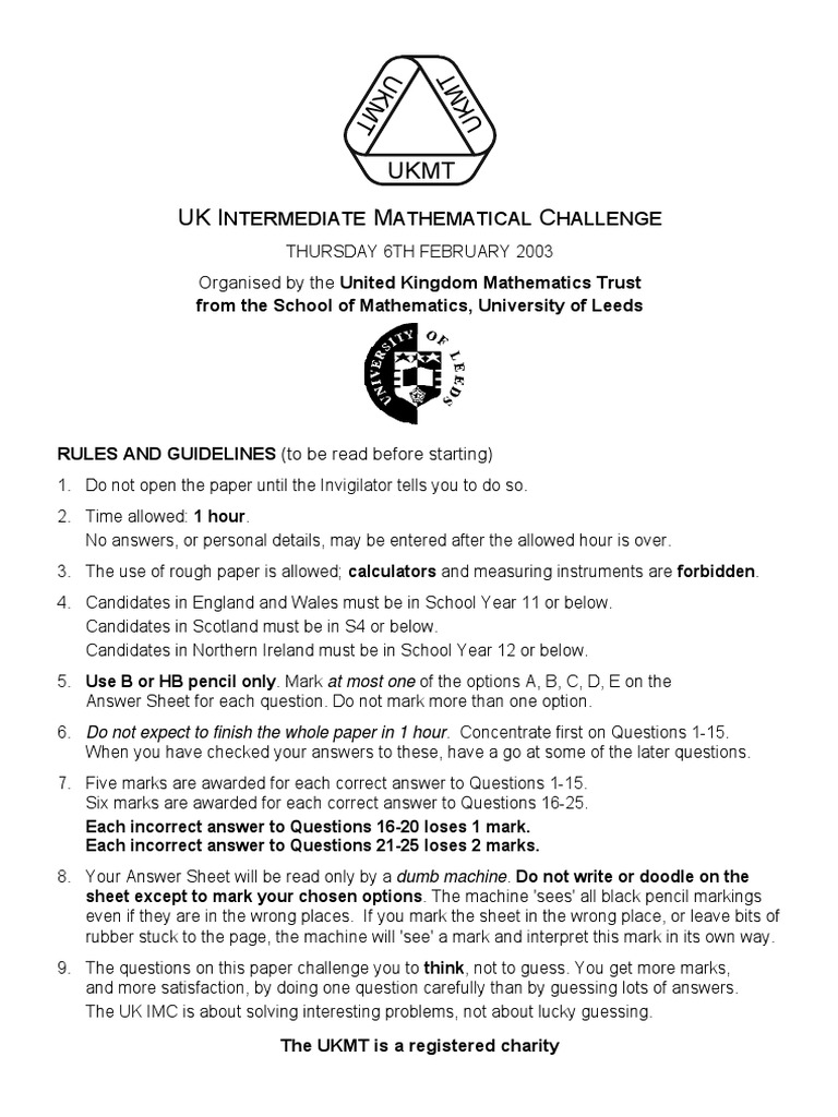 UKMT - IMC - Intermediate Mathematical Challenge 2003 - Questions | PDF ...