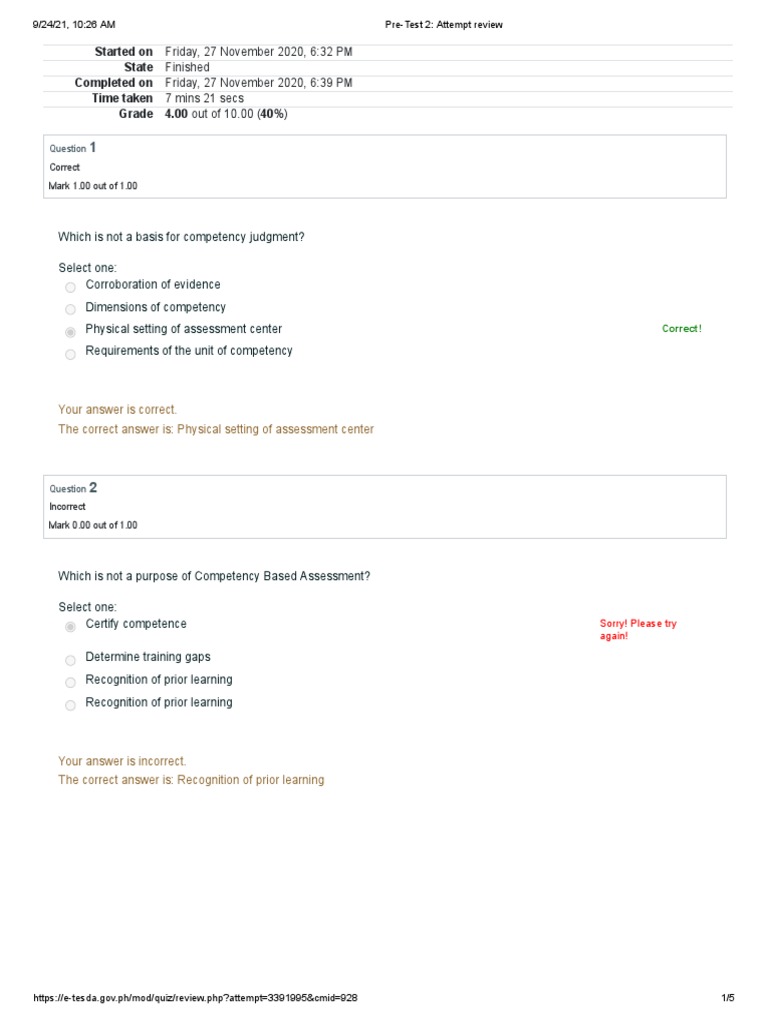 Pre-Test 2 - Conducting Competency Assessment | PDF | Psychology ...