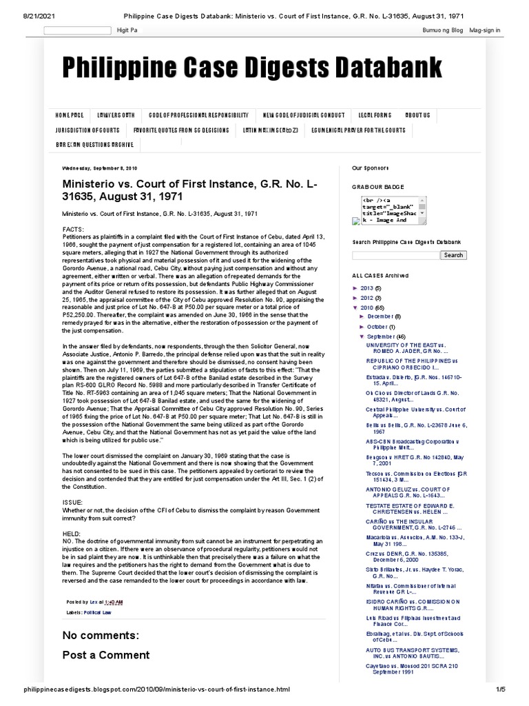 Philippine Case Digests Databank - Ministerio vs. Court of First ...