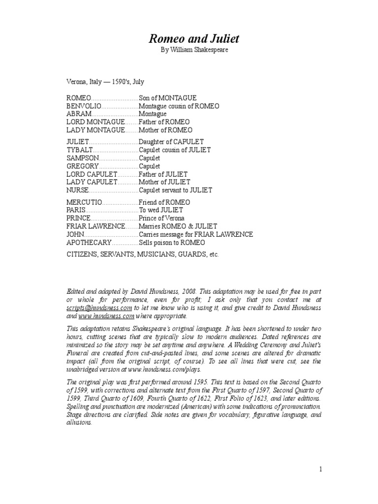 Abridged Romeo and Juliet Overview | PDF | Characters In Romeo And ...