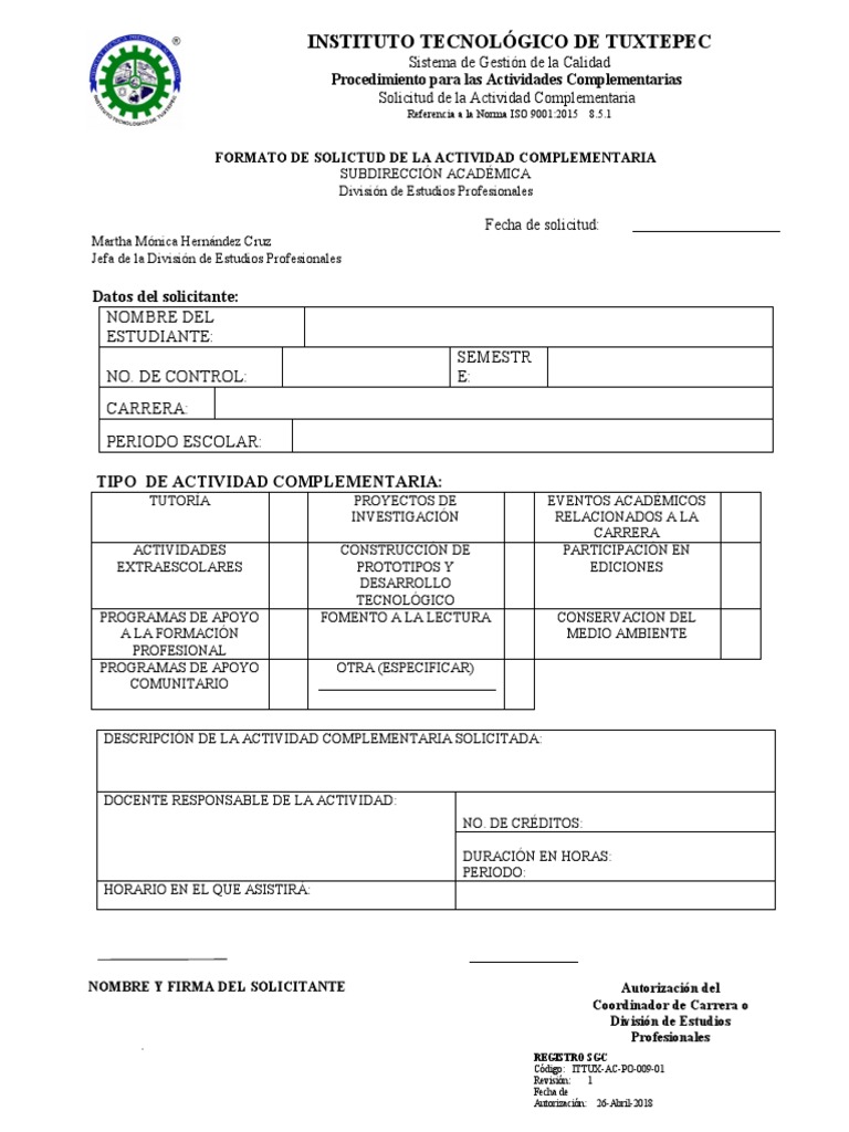 ITTUX-AC-PO-009-02 Solicitud de Actividad Complementaria-Protegido | PDF
