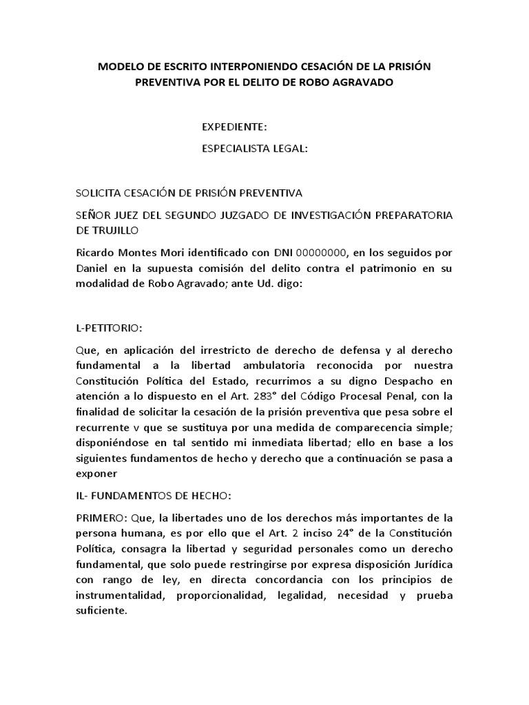 Modelo De Escrito Interponiendo Cesación De La Prisión Preventiva Por