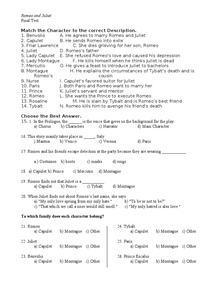 Romeo and Juliet Final Test Answers | PDF | Characters In Romeo And ...