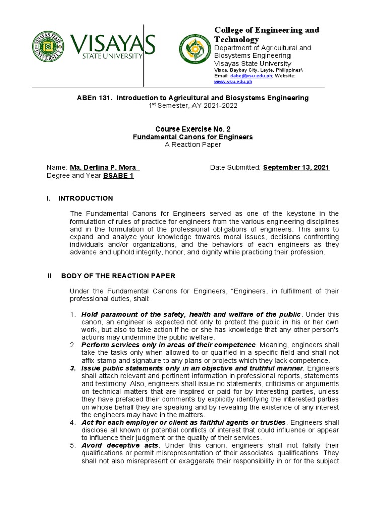 BSABE Course Exercise No. 2 | PDF | Engineer | Conflict Of Interest