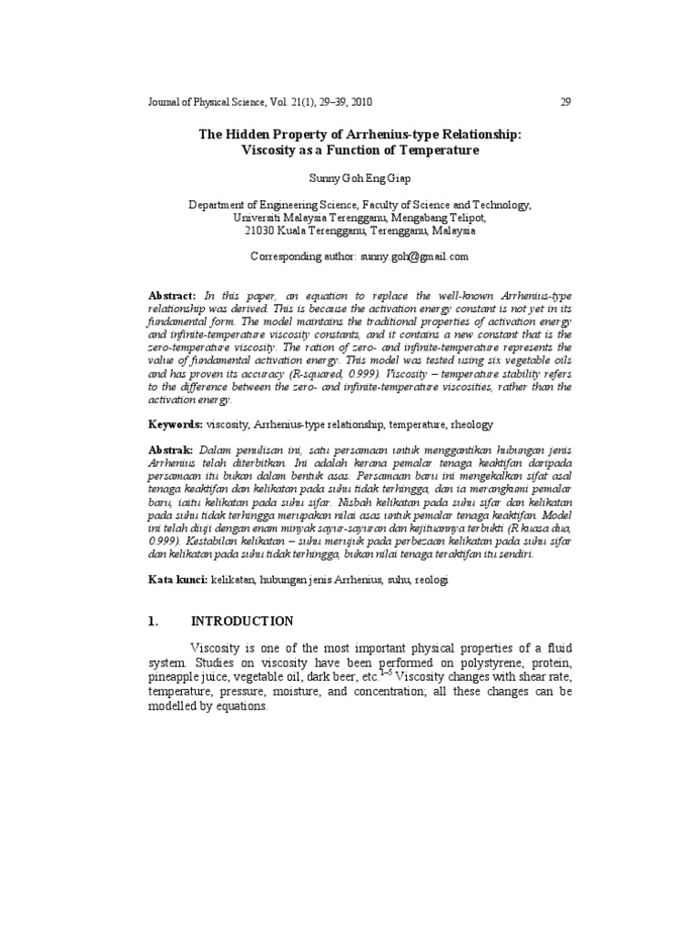 Arrhenius Equation | PDF | Viscosity | Temperature