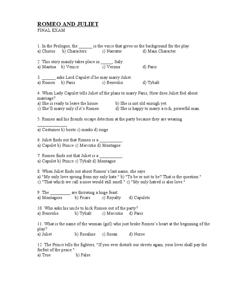 Romeo and Juliet Exam | PDF | Characters In Romeo And Juliet | Romeo ...