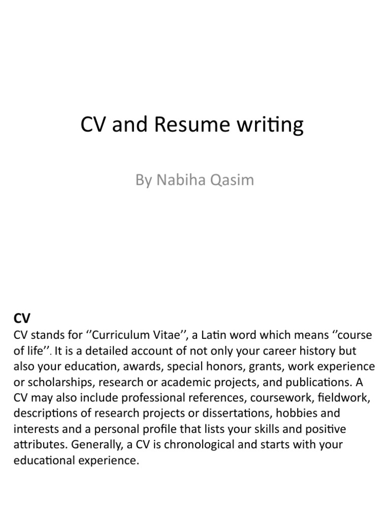 CV and Resume Writing: by Nabiha Qasim | PDF | Résumé | Cognition