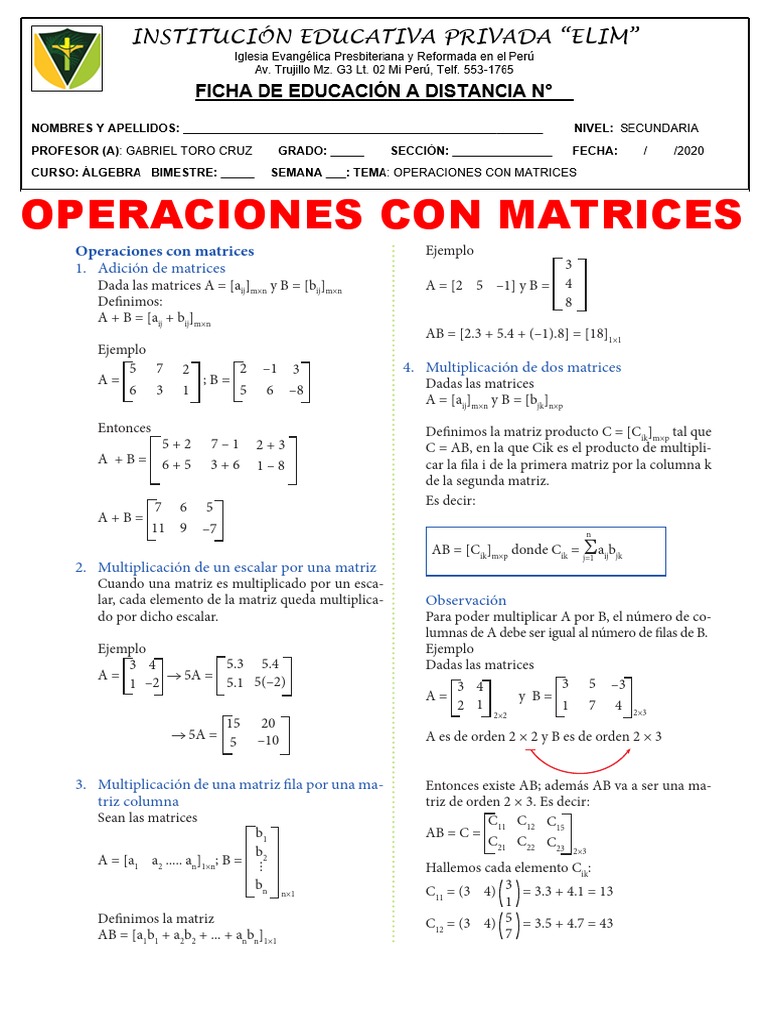 Operaciones Con Matrices | Descargar gratis PDF | Matriz (Matemáticas) | Determinante