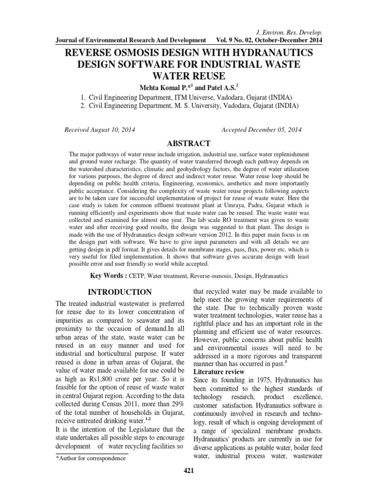 Reverse Osmosis Design With Hydranautics Design Software For Industrial ...