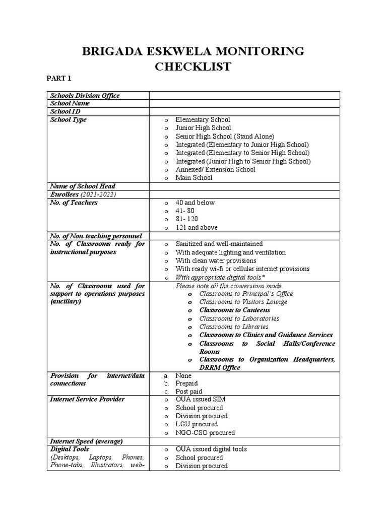 Brigada Eskwela Monitoring Checklist: o With Appropriate Digital Tools ...