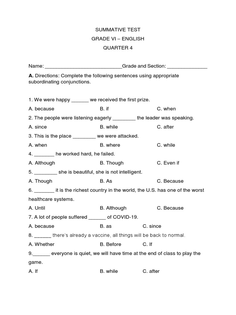 Summative English Exam for 6th Grade Students: Questions Covering ...