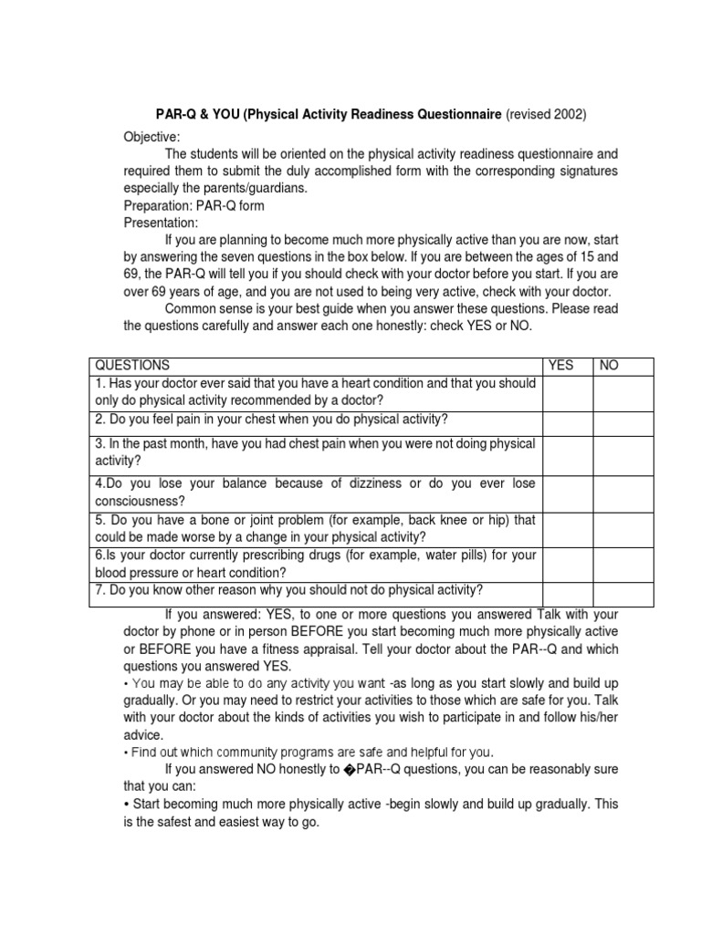 PAR-Q & YOU (Physical Activity Readiness Questionnaire (Revised 2002 ...