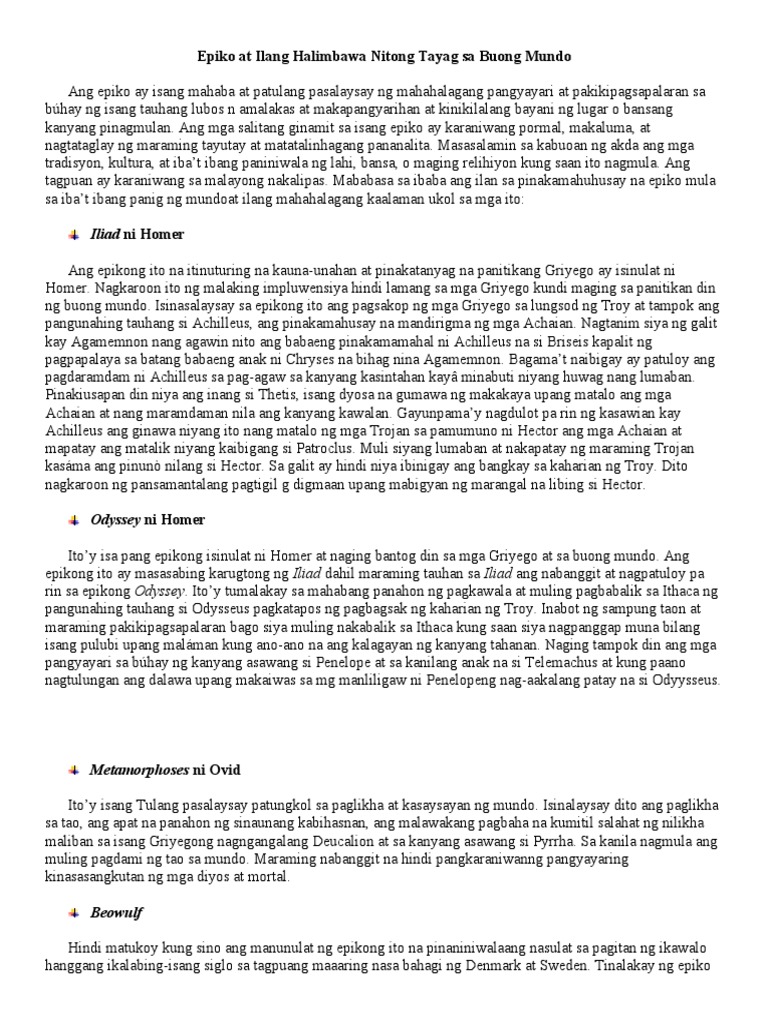 Epiko at Ilang Halimbawa Nitong Tayag Sa Buong Mundo | PDF