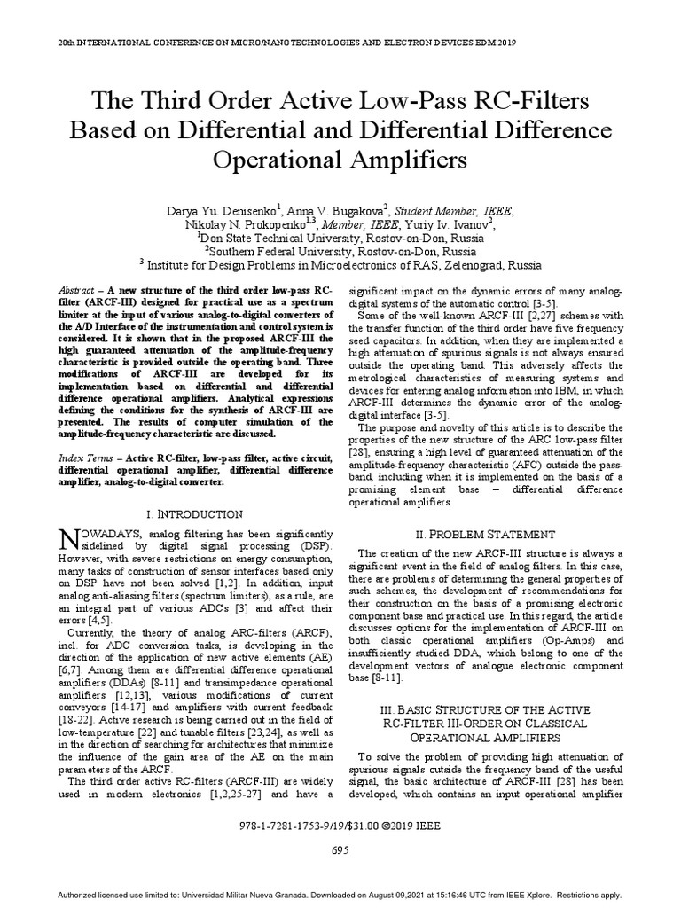 The Third Order Active Low Pass Rc Filters Based On Differential And Differential Difference 