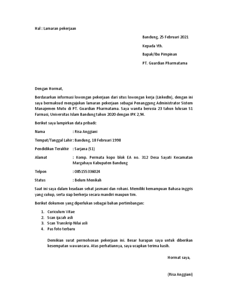 Lamaran Kerja PT Guardian Pharmatama | PDF