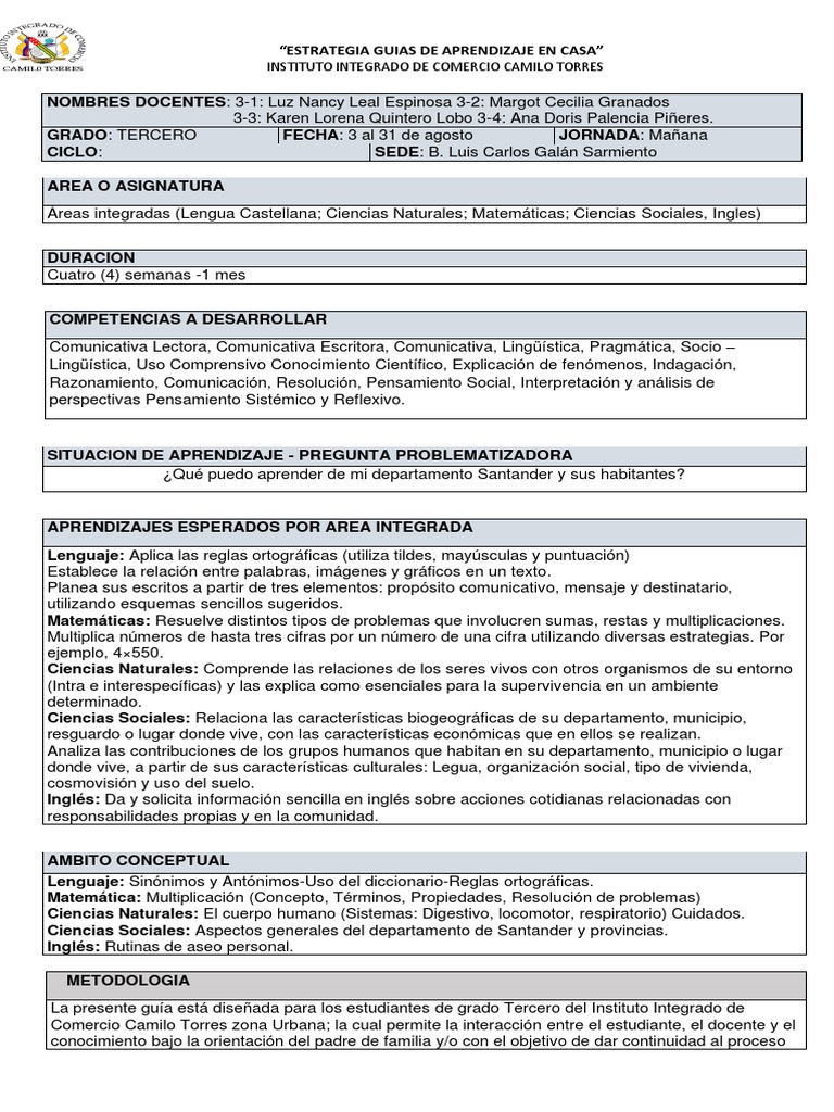 Guía de Aprendizaje para Tercero A | PDF | Diccionario | Multiplicación
