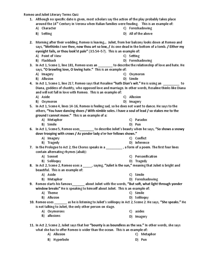 Literary Terms Quiz For Romeo and Juliet | PDF | Romeo And Juliet ...