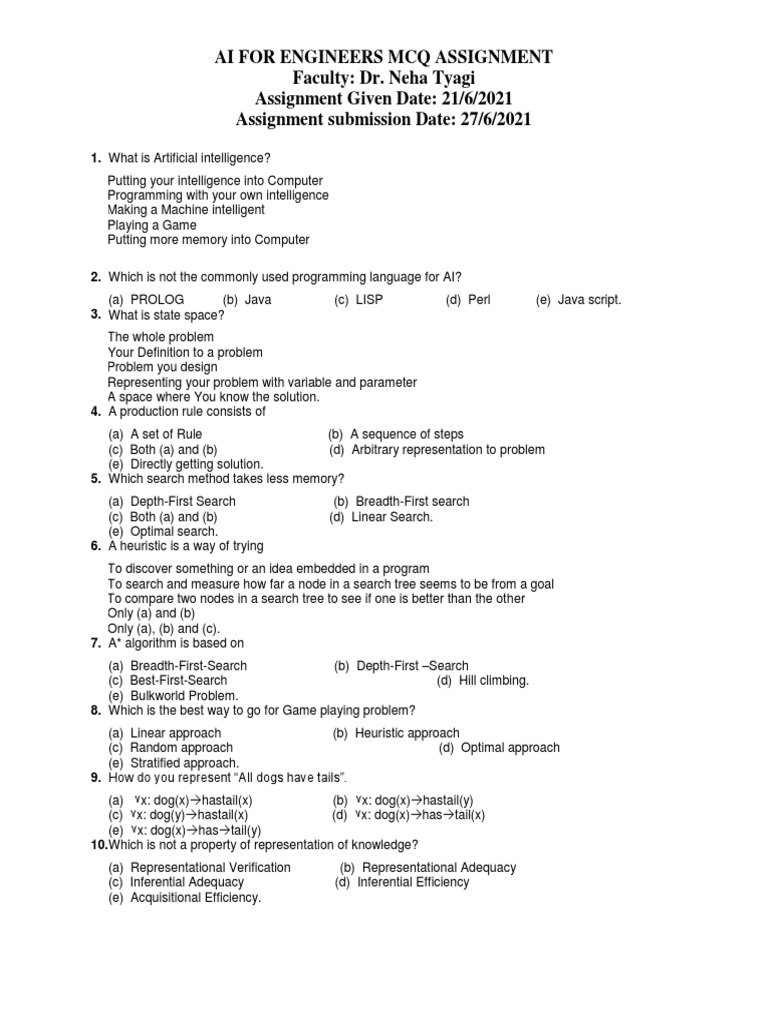 Ai MCQ Assignment | PDF | Intelligence (AI) & Semantics | Artificial Intelligence