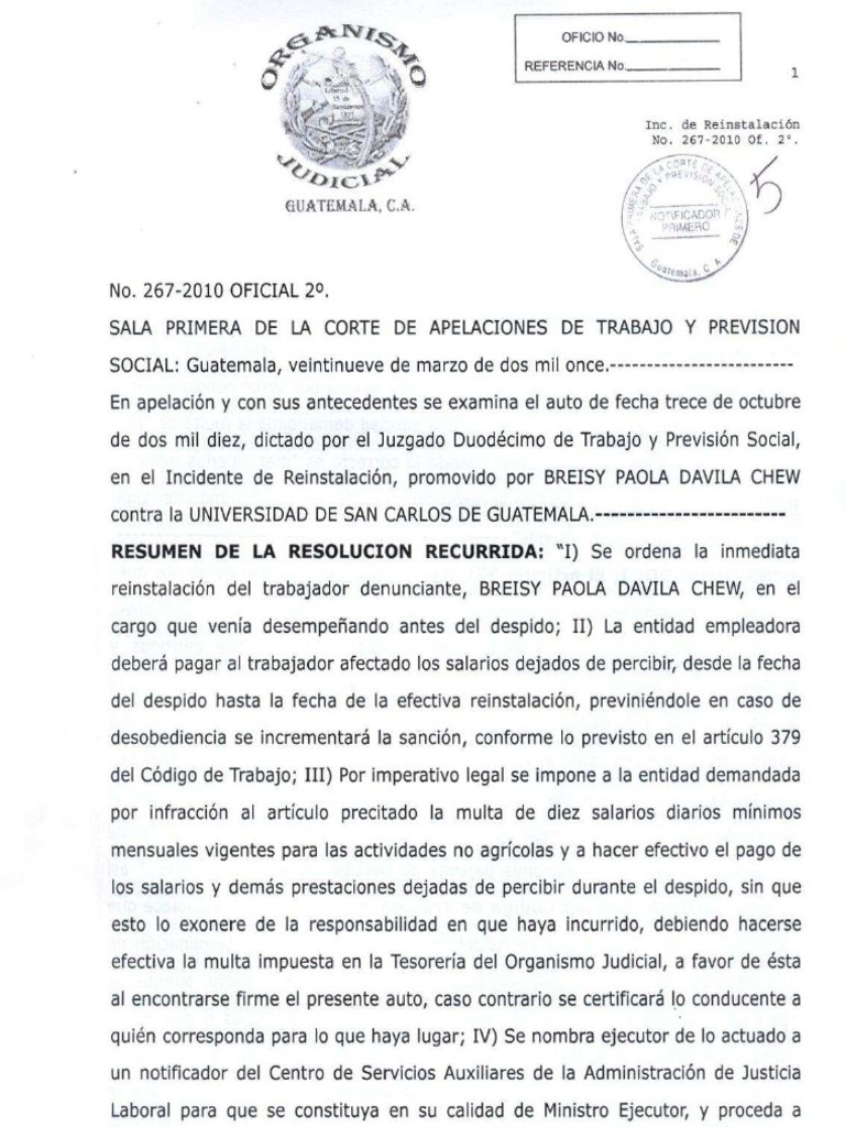 Sala de Apelaciones Ordena Reinstalacion Davila Chew | PDF | Derecho