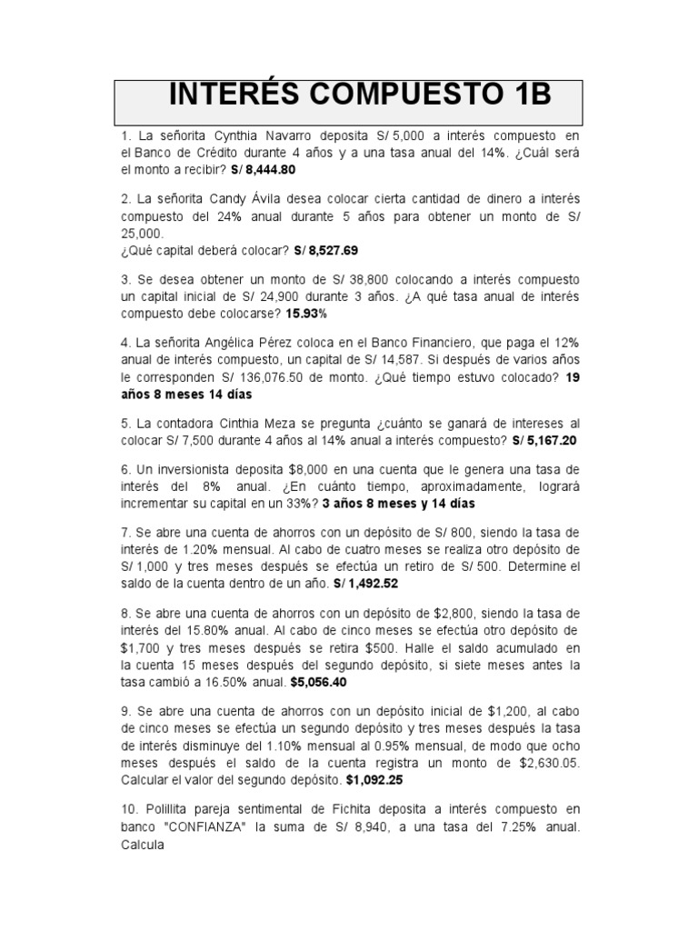 Unidad 02 Tema 02 Ejercicios Interés Compuesto 1B | PDF | Interés | Bancos
