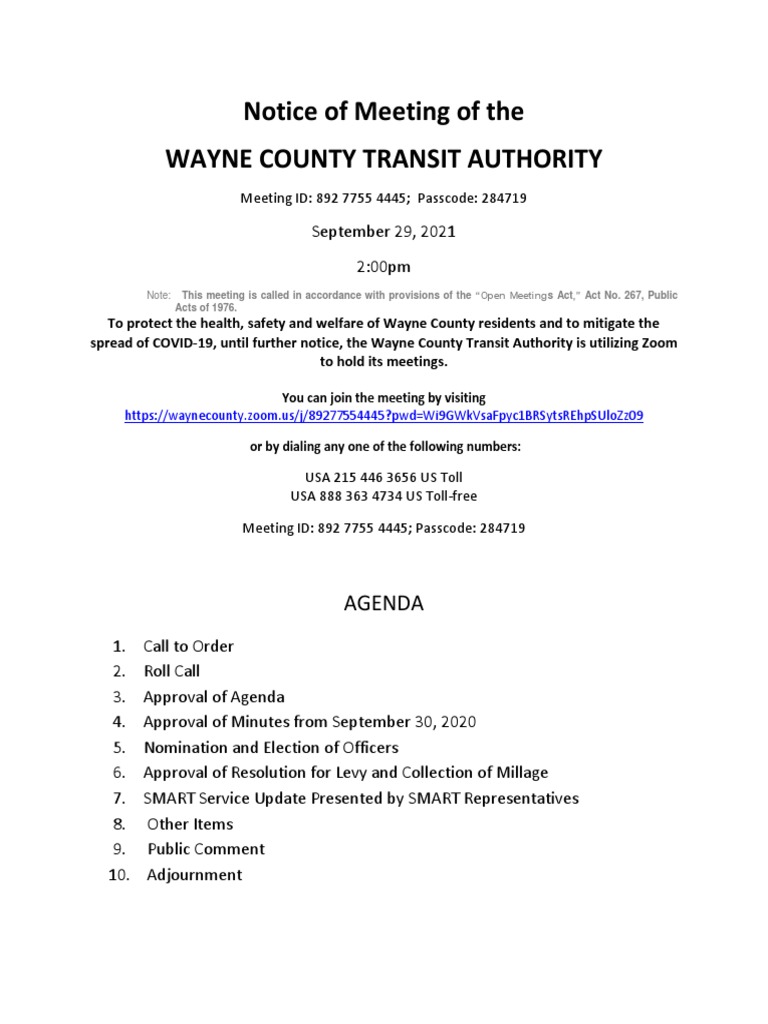 WCTA Meeting 2021 Agenda | PDF
