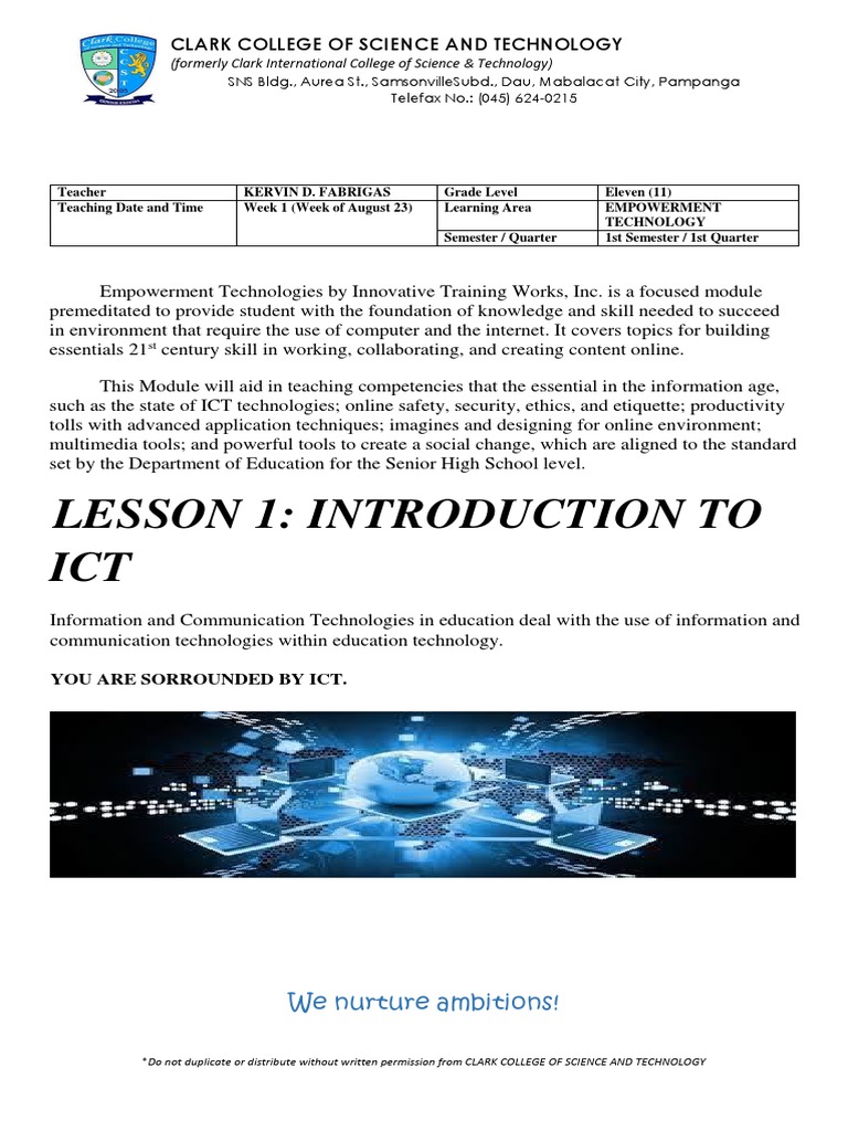 E Tech Lesson 1 Week 1 To 3 | PDF | Educational Technology ...