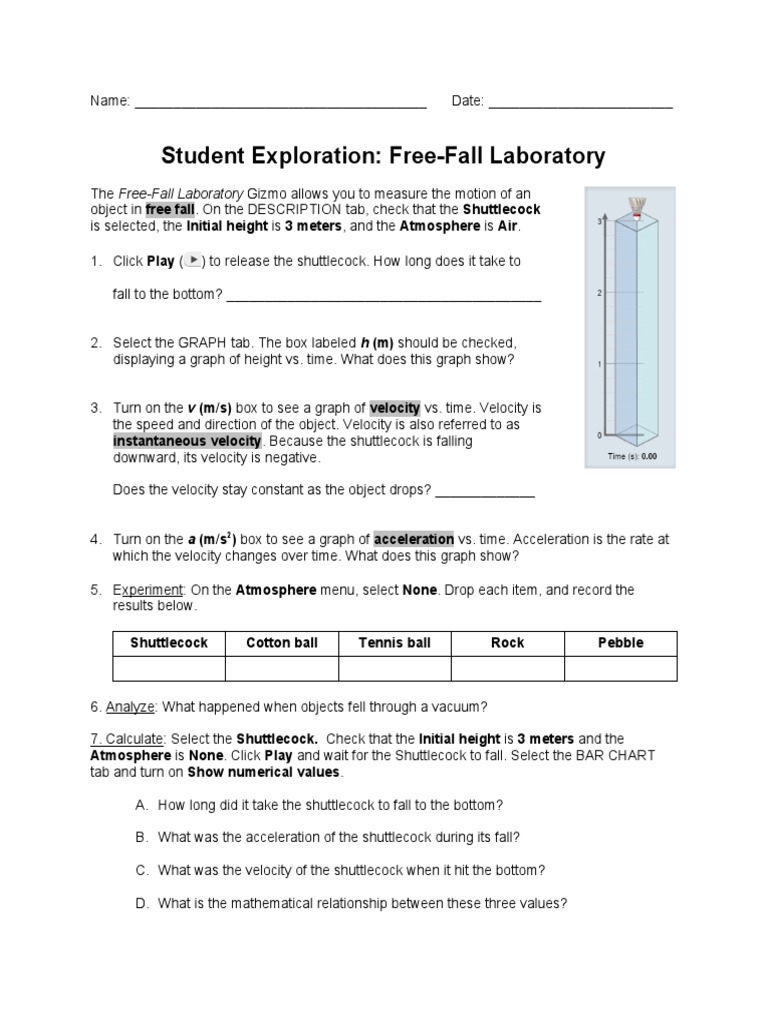 Student Exploration: Free-Fall Laboratory | Download Free PDF ...
