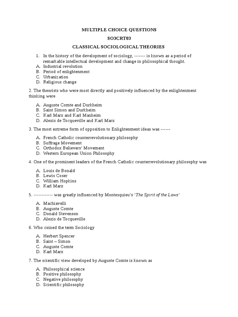 Multiple Choice Questions SO3CRT03 Classical Sociological Theories | Download Free PDF ...