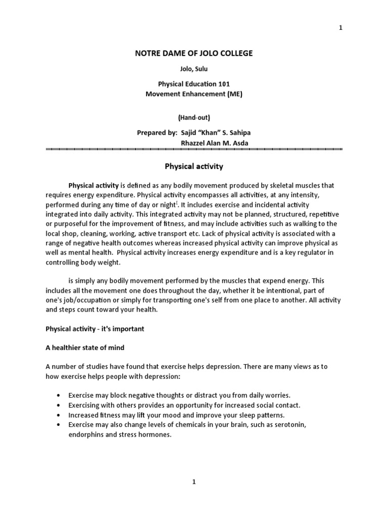 P.E. 101 Hand-Out | PDF | Flexibility (Anatomy) | Cardiovascular Diseases