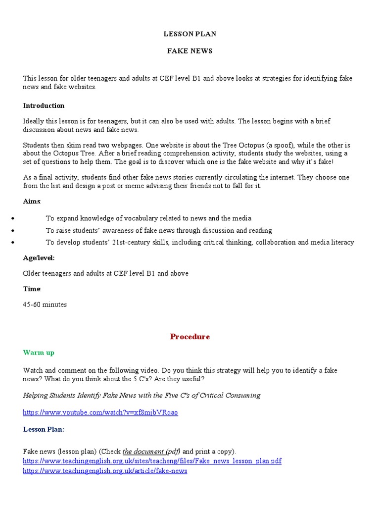 Lesson Plan Fake News (Reading - B1) | PDF | Career & Growth | Wellness