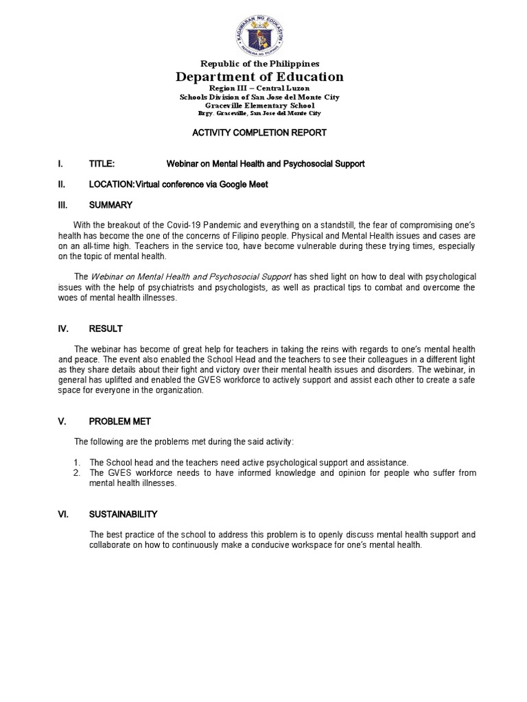 ACR (Activity Completion Report) Template | PDF | Mental Health ...