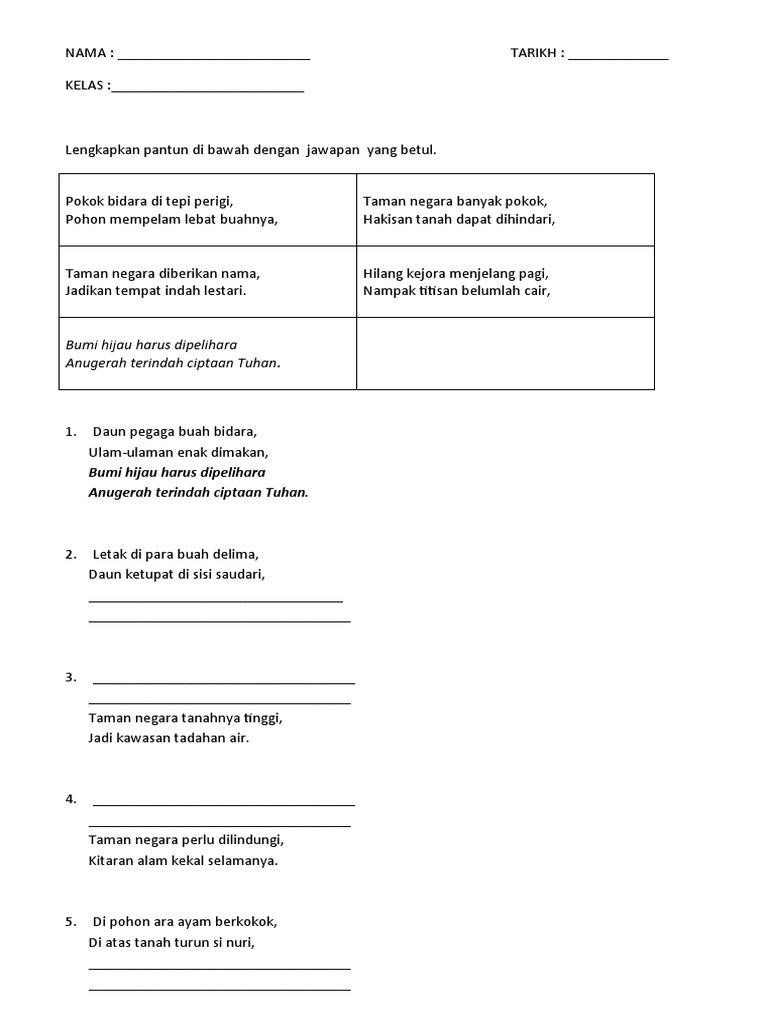 Latihan Lengkapkan Pantun Tahun 2 | PDF | Griya & Taman