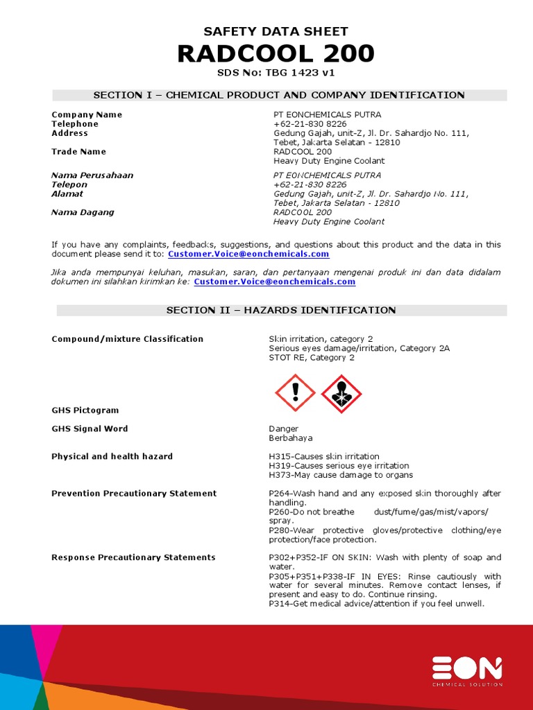 Radcool 200: Safety Data Sheet | PDF | Chemistry | Occupational Safety ...