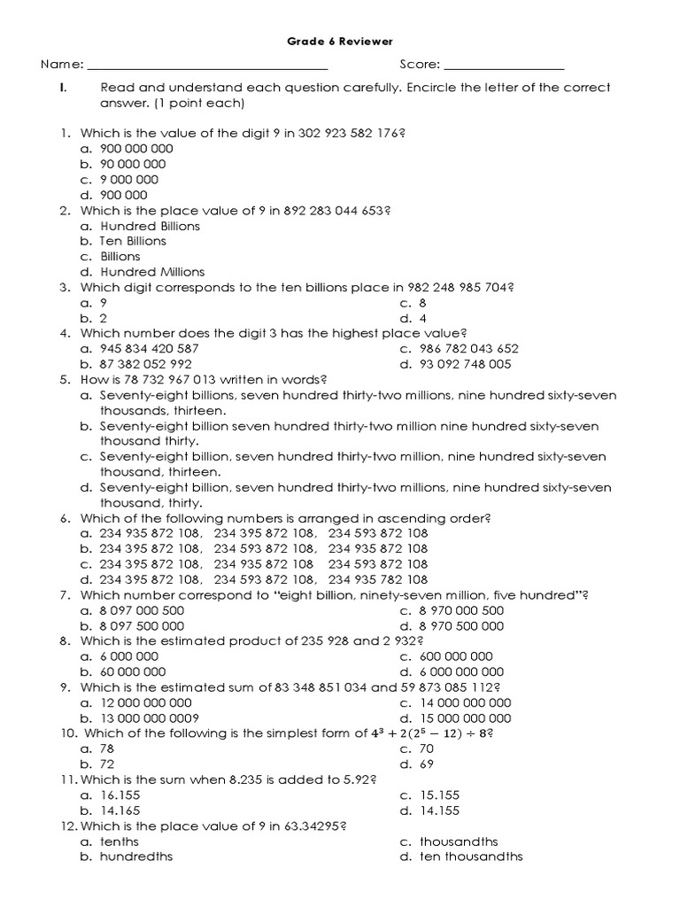 Grade 6 Math Reviewer - First Grading | PDF | Mathematics