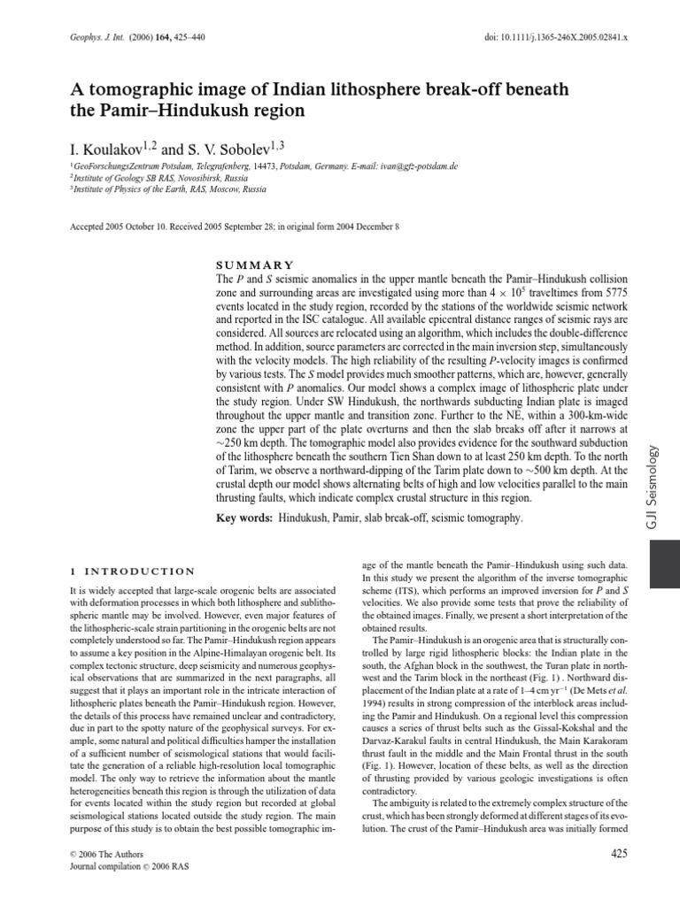 A Tomographic Image of Indian Lithosphere 2006 KOULAKOV | PDF | Plate ...