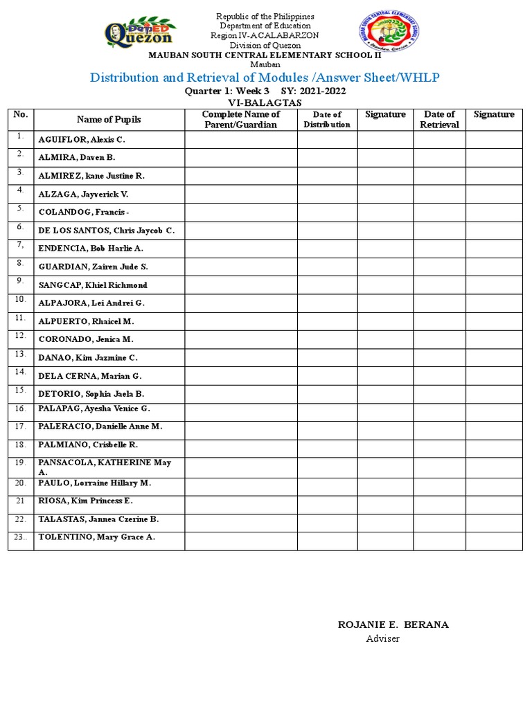 Distribution and Retrieval of Modules /answer Sheet/WHLP: Quarter 1 ...