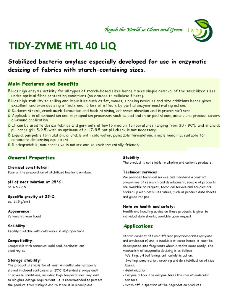 Tidy-Zyme HTL 40 Liq-Tds - Eng | PDF | Starch | Ph