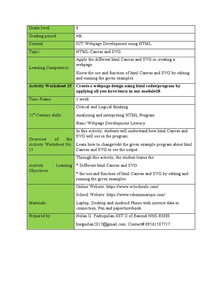 Activity Worksheet 15 Create A Webpage Design Using HTML Codes/program ...