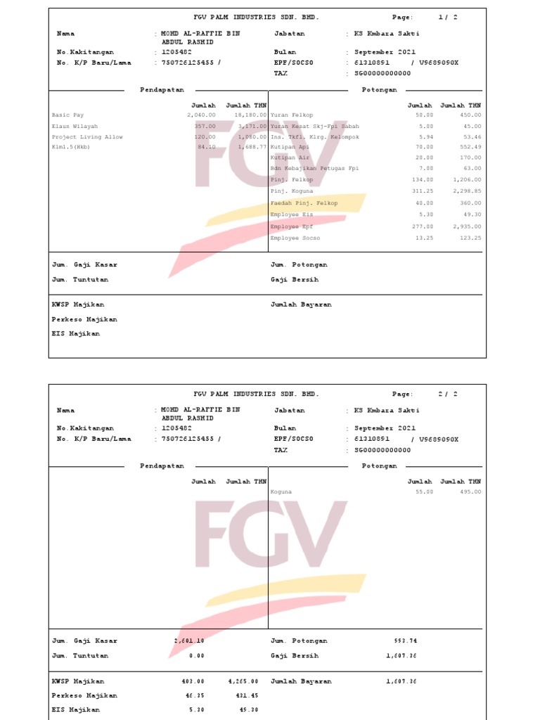 PayslipWithYTDReport MYS FGV A5 | PDF
