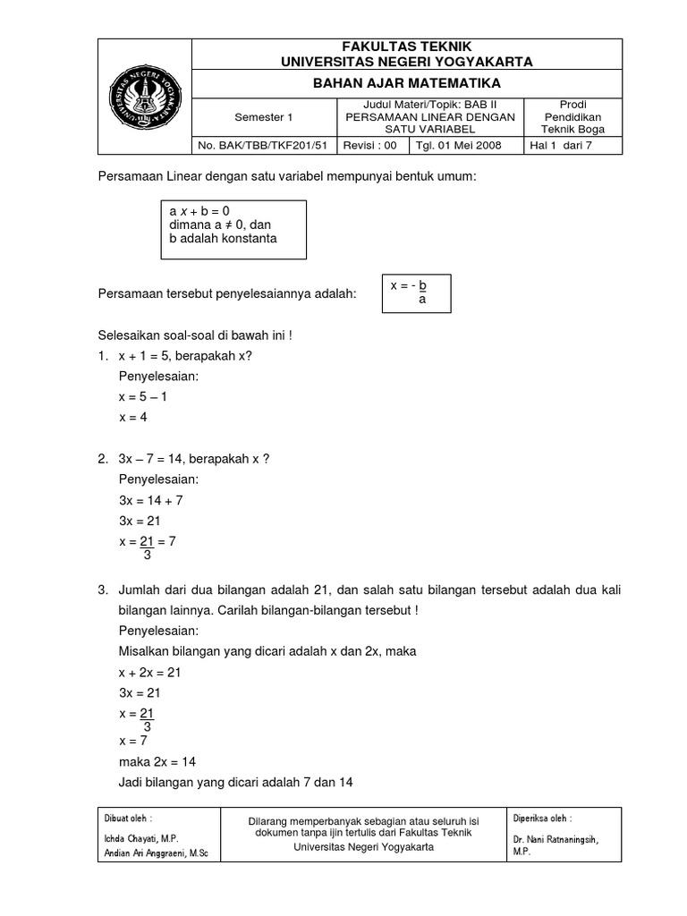 Persamaan Linear Satu Variabel Matematika | PDF