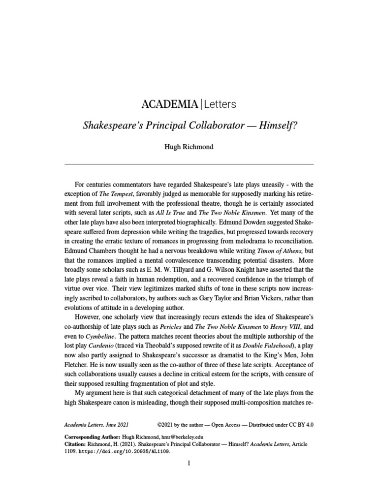 Shakespeare S Principal Collaborator Him | PDF | William Shakespeare ...