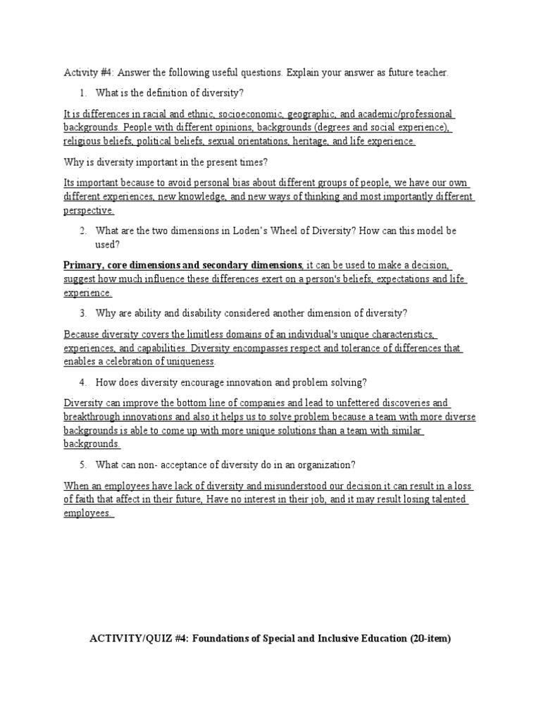 Foundations of Special & Inclusive Educ Activity Quiz | PDF ...