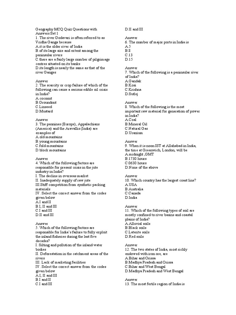 Geography MCQ Quiz Questions With Answers Set 1 | PDF | Himalayas | Compass