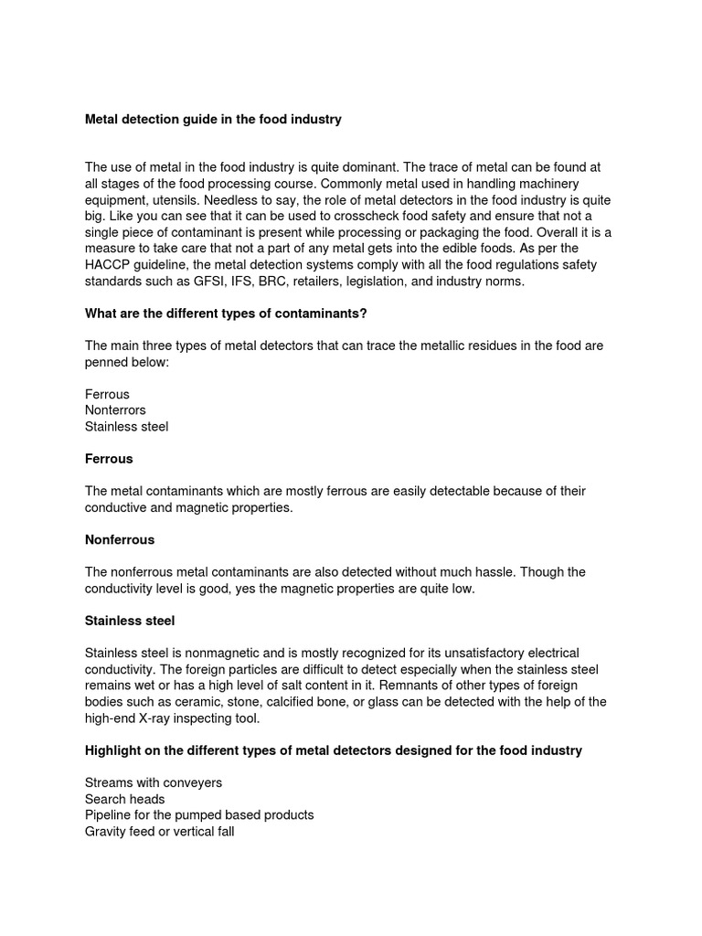 Metal Detection Guide in The Food Industry | PDF | Metal Detector | Foods